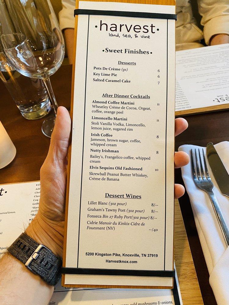 Menu at harvest restaurant, Knoxville