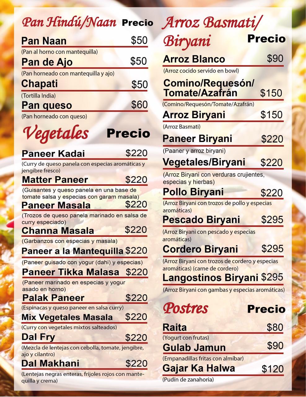 Menu at Hindu Restaurant, San Miguel de Cozumel