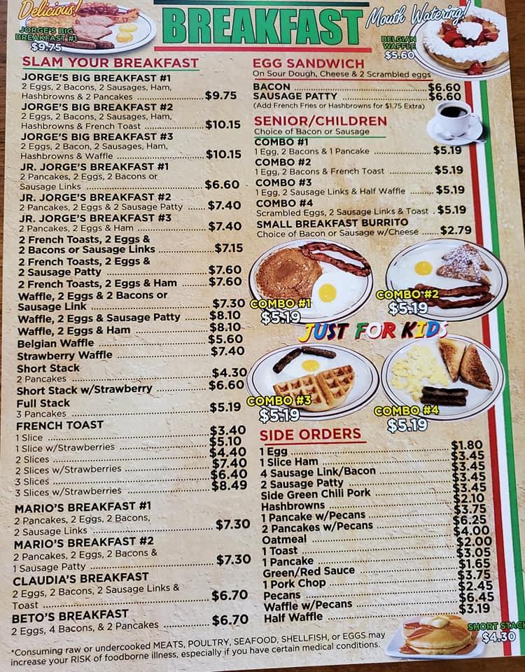 Menu at Jorge's Cafe, Ruidoso Downs, US-70