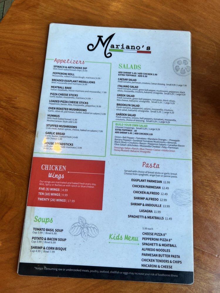 Menu at Mariano's Italian Eatery restaurant, Luling, US-90