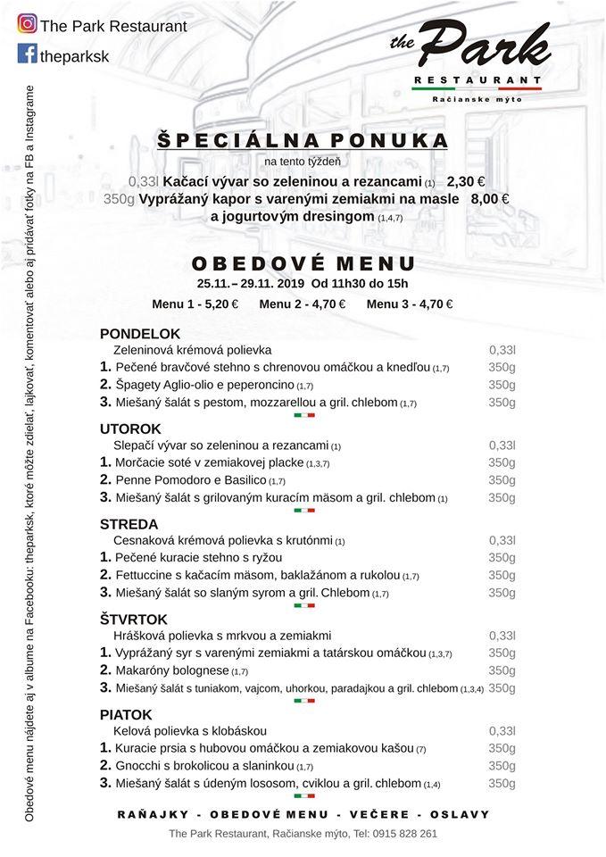 Menu au The Park Restaurant, Bratislava
