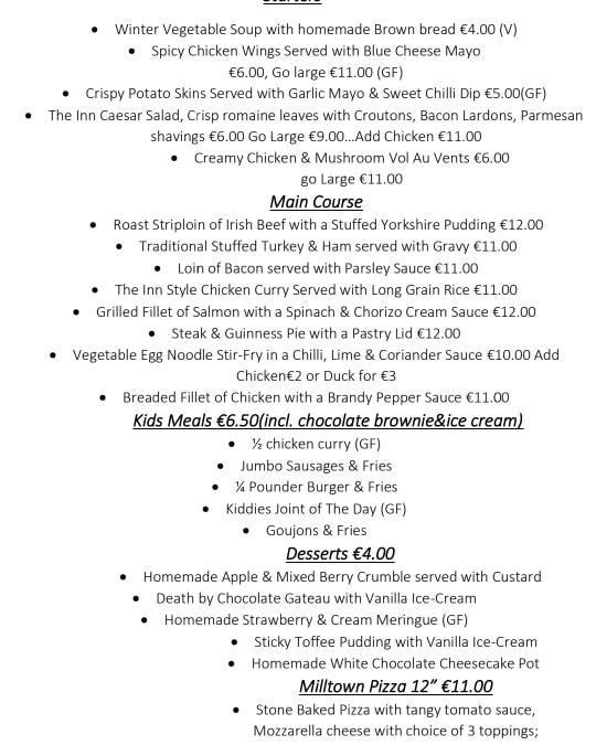 Menu at The Inn @ Milltown pub & bar, Newbridge