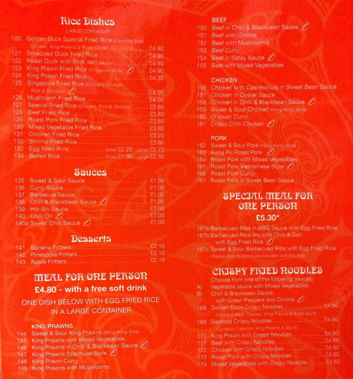 Menu at The New Golden Duck fast food, London, 425 High Rd