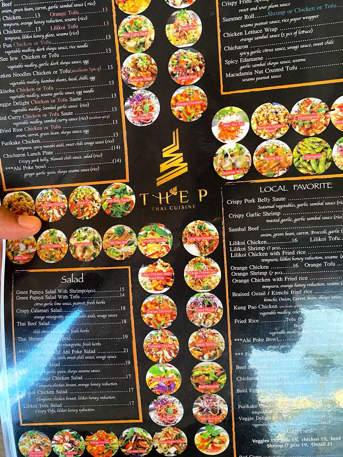 Menu at Thep Thai Cuisine Hawaii restaurant, Pāhoa