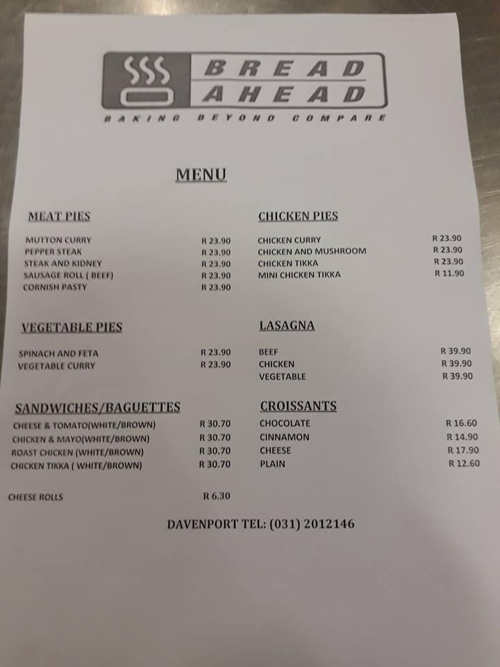 Menu at BREAD AHEAD Davenport, Durban, Shop number 33
