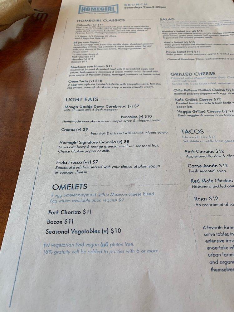 Menu at Homegirl Café cafe, Los Angeles, 130 Bruno St