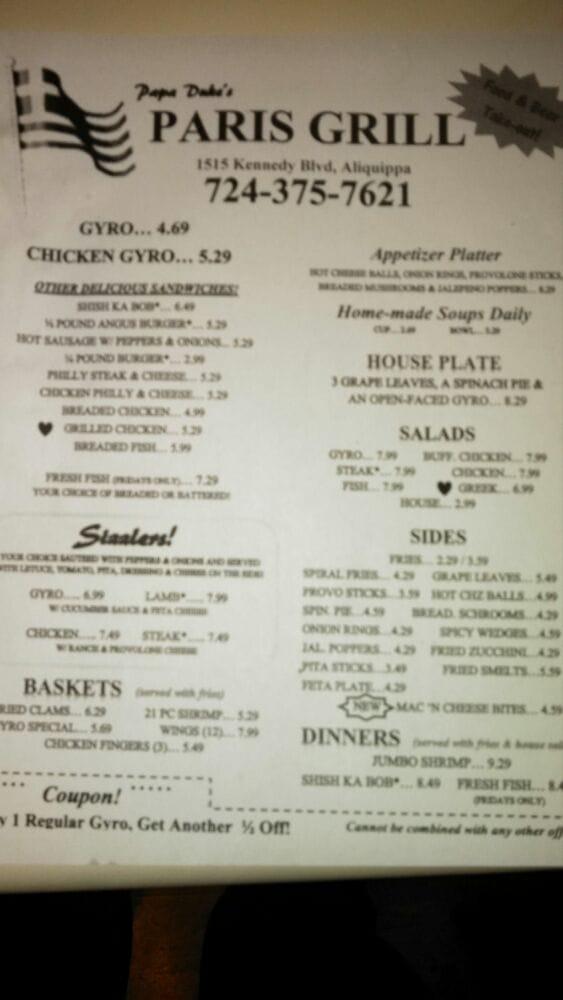 Menu at Paris Grill pub & bar, Aliquippa