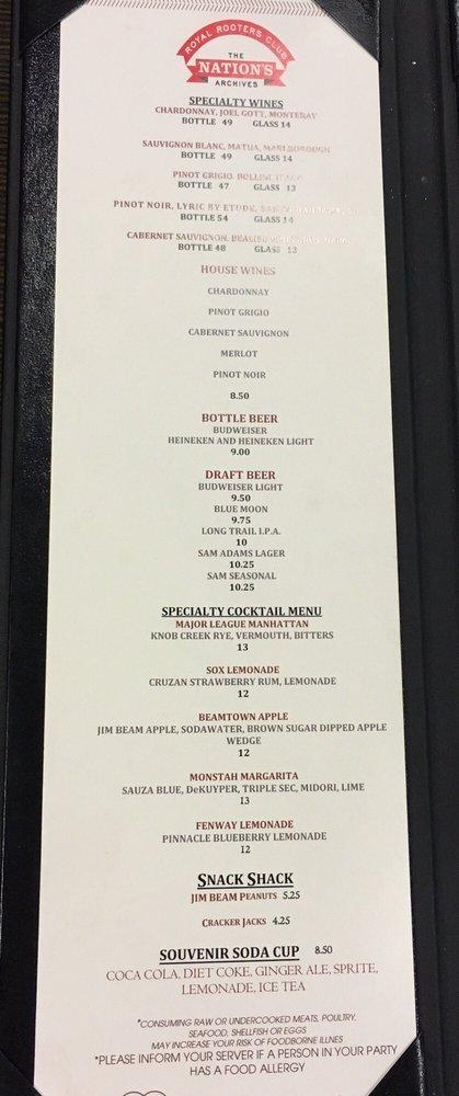Menu at Royal Rooters Club, Boston, 4 Yawkey Way