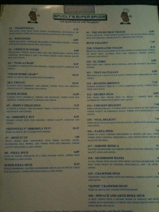 Menu at Spudly's Super Spuds restaurant, Metairie