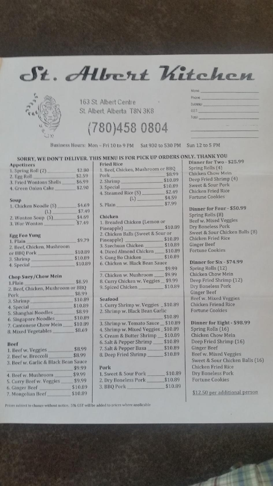 Menu at St Albert Kitchen restaurant, St. Albert