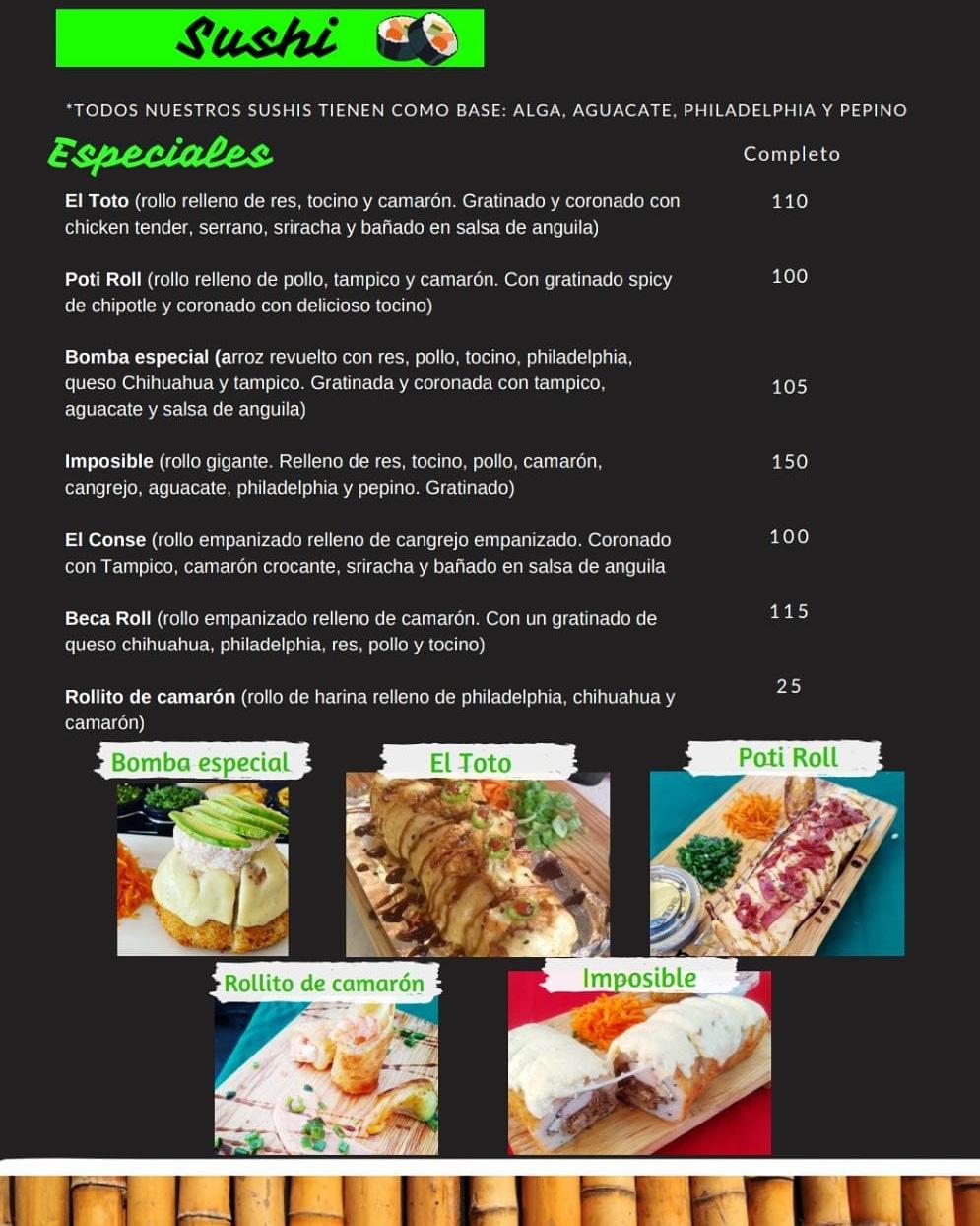 Menu at TATÁ SUSHI restaurant, Cofradía de Navolato
