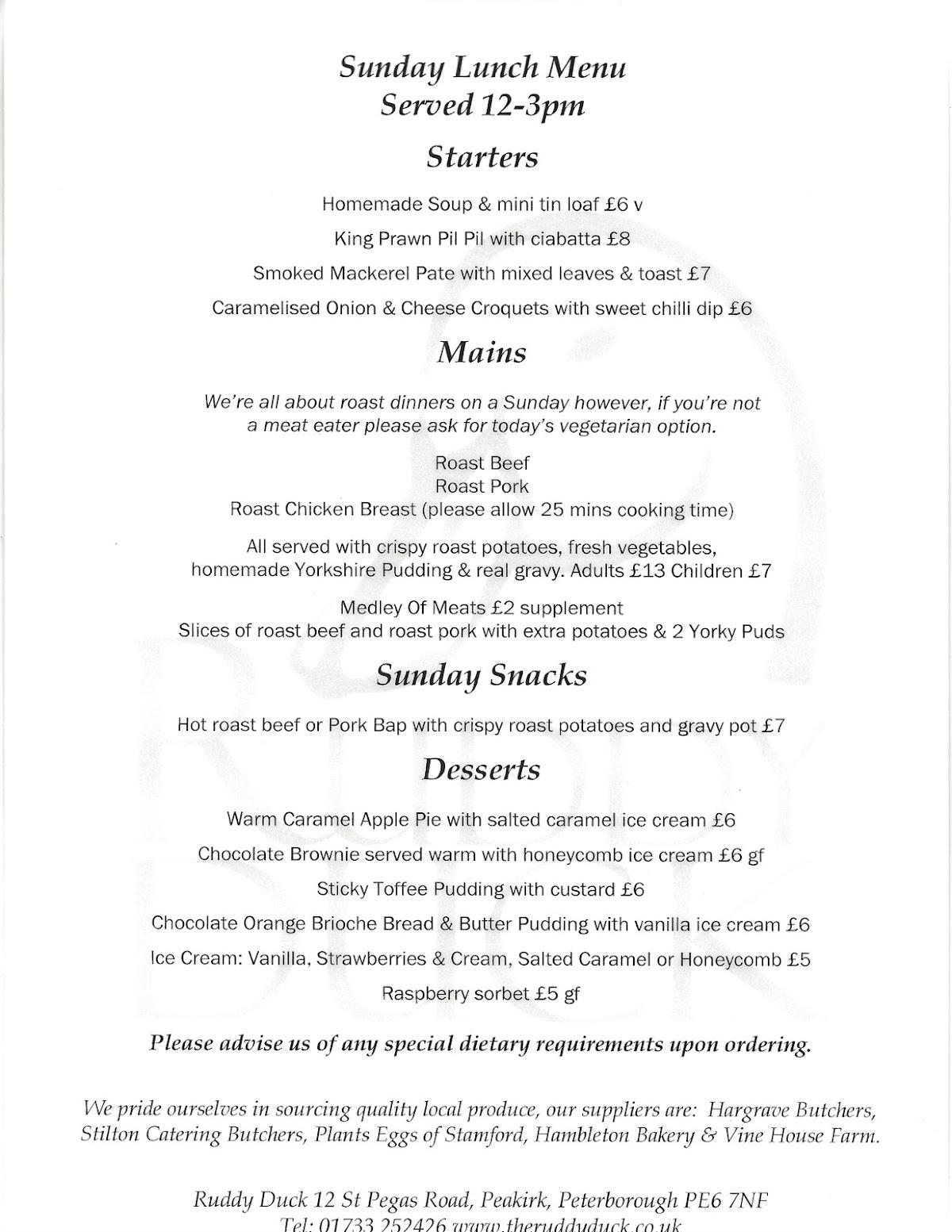 Menu at The Ruddy Duck restaurant, Peterborough