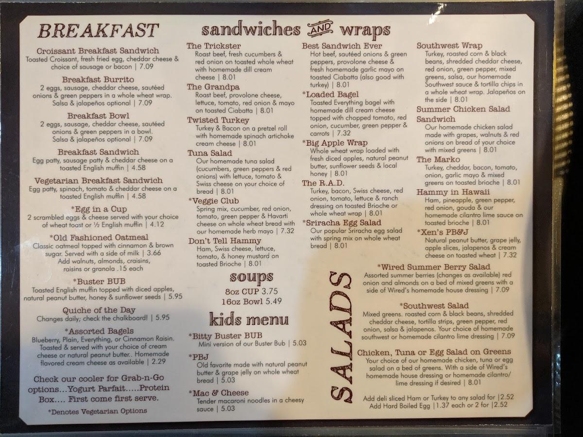 Menu at Wired Cafe, Rockford
