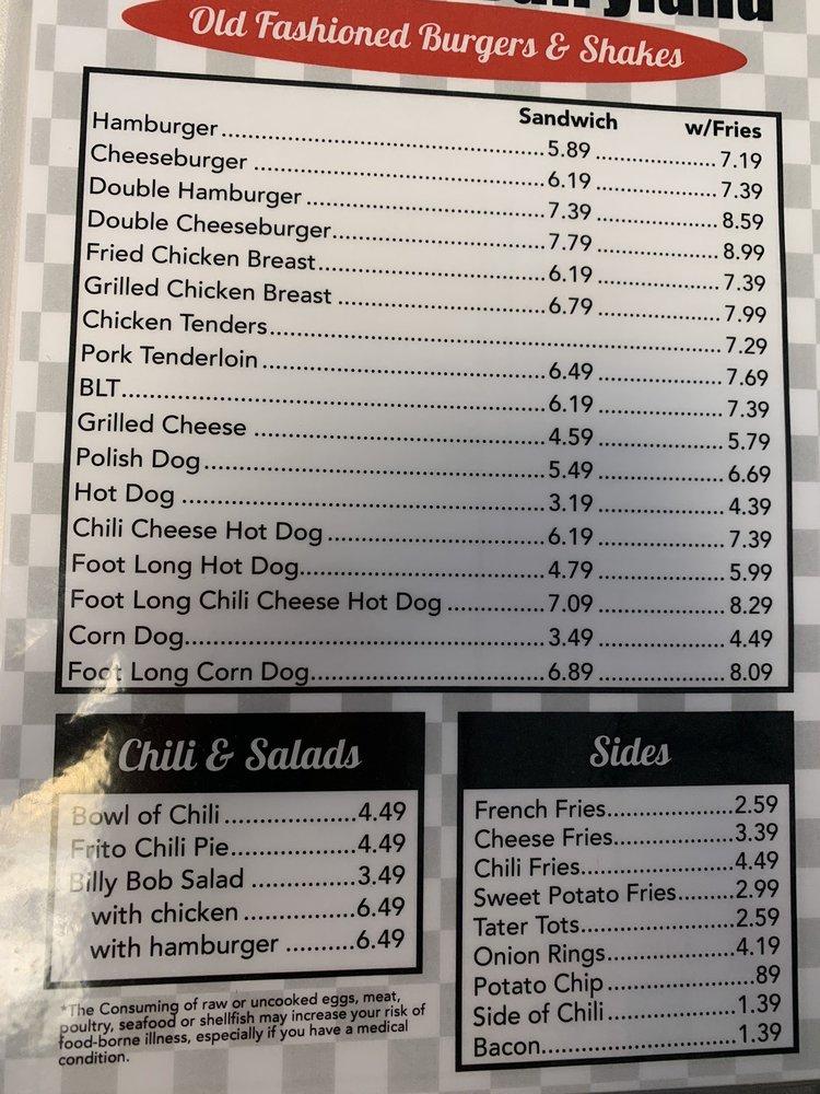 Menu at Billy Bob's Dairy Land restaurant, Branson, W 76 Country Blvd