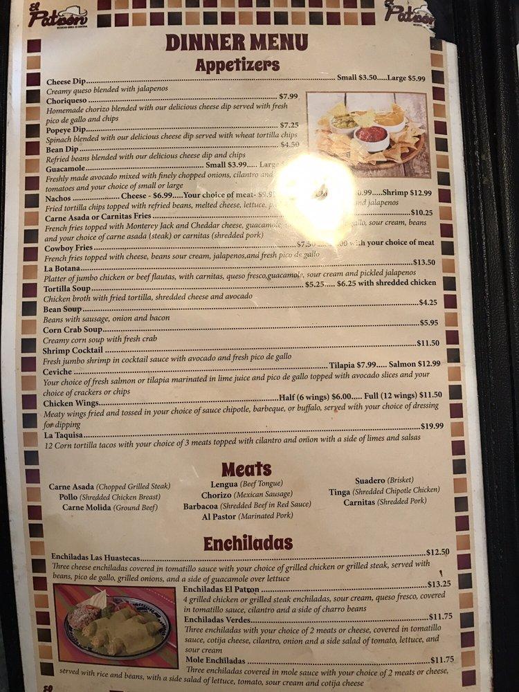 Carta del pub y bar El Patron Mexican Grill & Cantina, Gretna, 516 ...