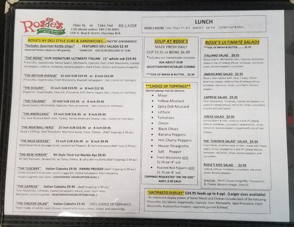 Menu at Rosie's Italian Bakery & NY Style Deli, Daytona Beach