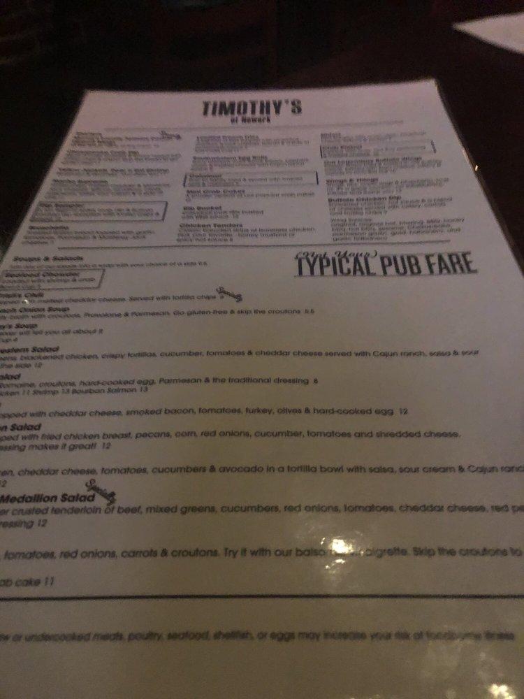 Menu at Timothy's of Newark restaurant, Newark