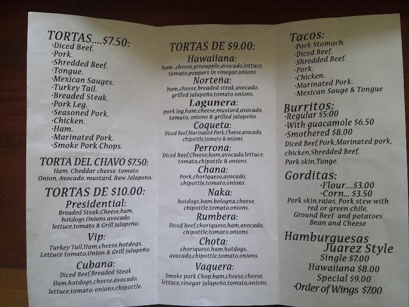 Menu at Tortas ATM restaurant, Denver