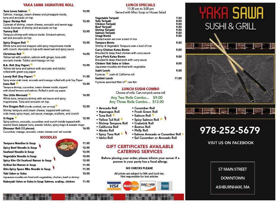 Menu at Yaka Sawa Sushi and Grill restaurant, Ashburnham