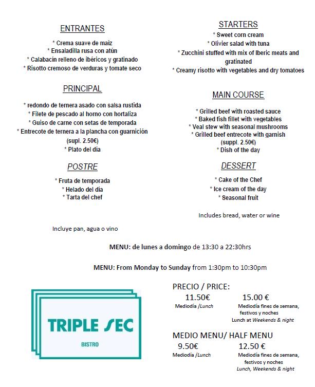 Menu at Bistro Triple Sec restaurant, Barcelona