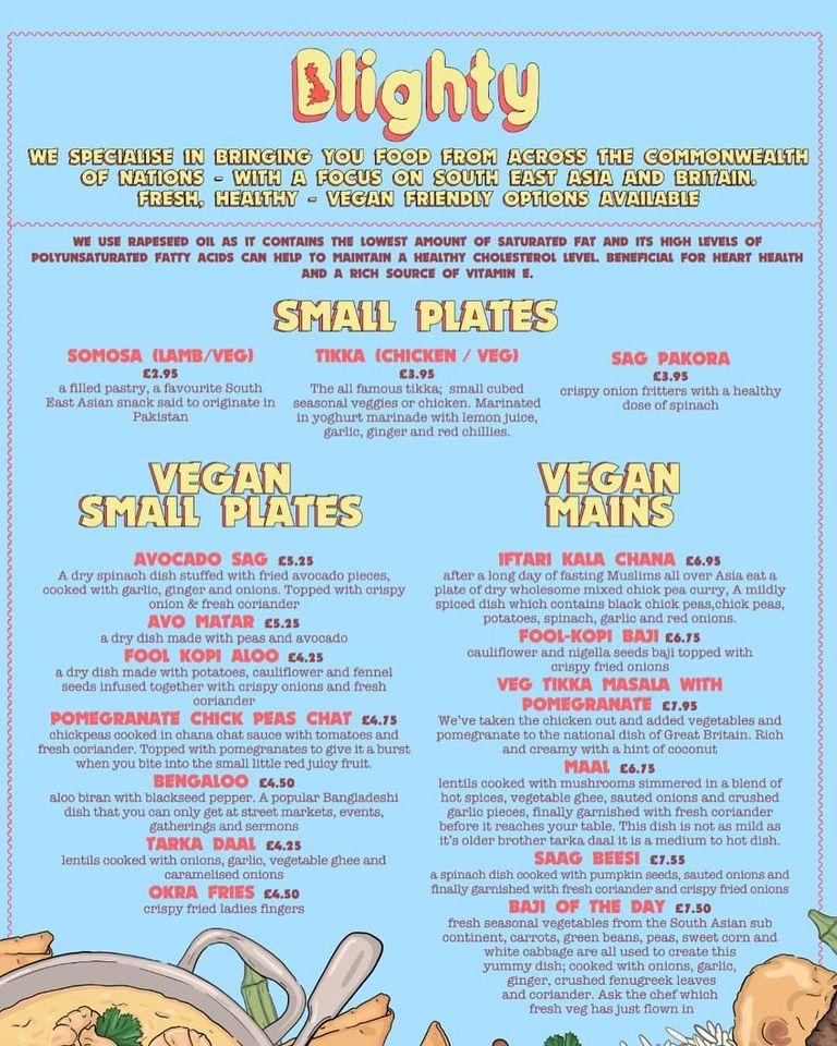 Menu at Blighty - a very British cafe, London, 35-37 Blackstock Rd