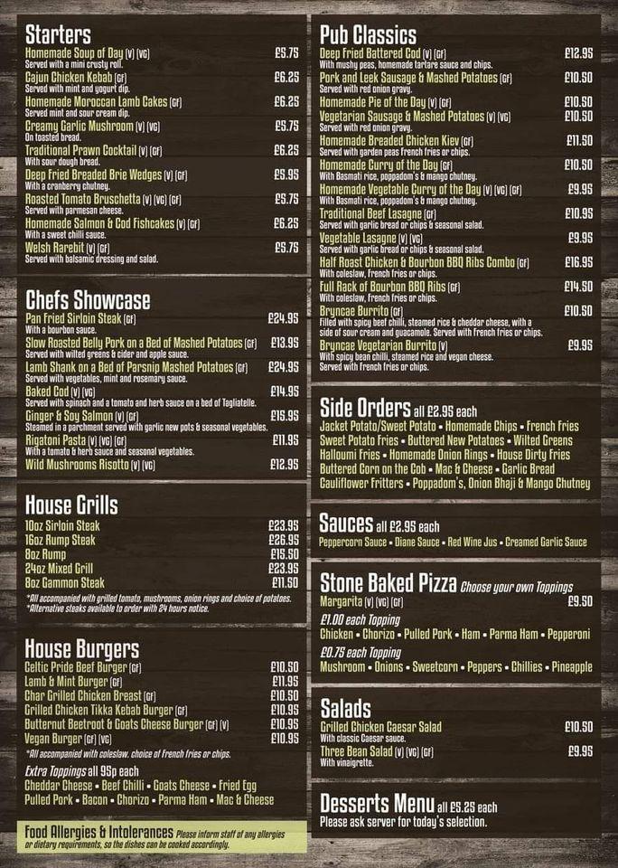Menu at Bryncae Arms pub & bar, Llanharan