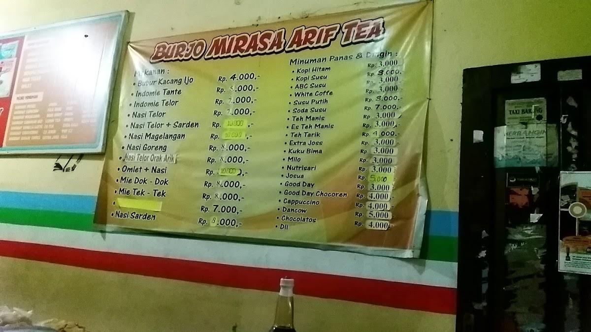 Menu at Burjo Mirasa Arif Tea restaurant, Purwokerto