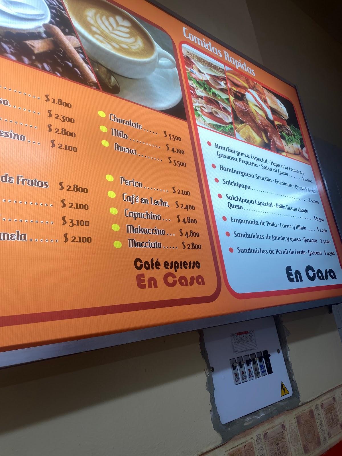 Menu at Café en casa, Bogotá