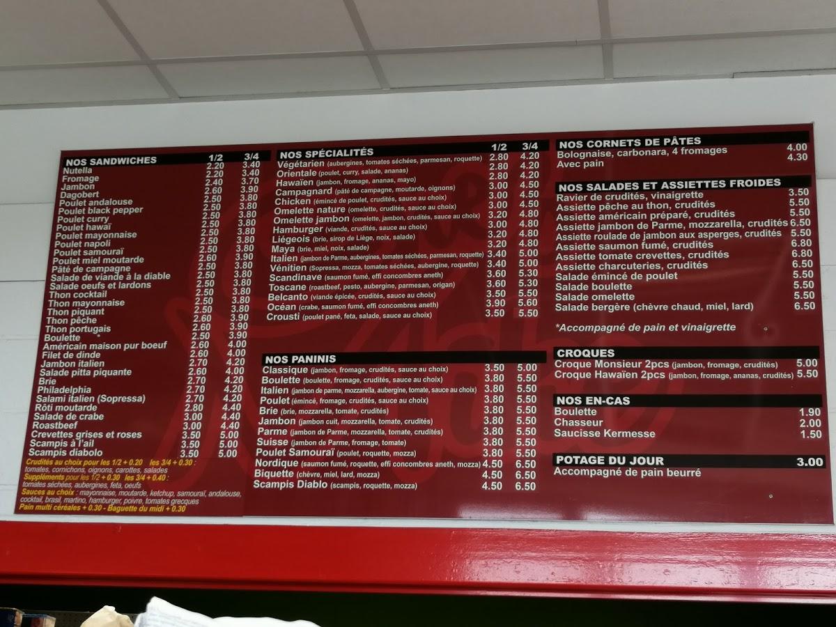 Menu au Mike's Sandwich Shop, Courcelles, Rue de Seneffe