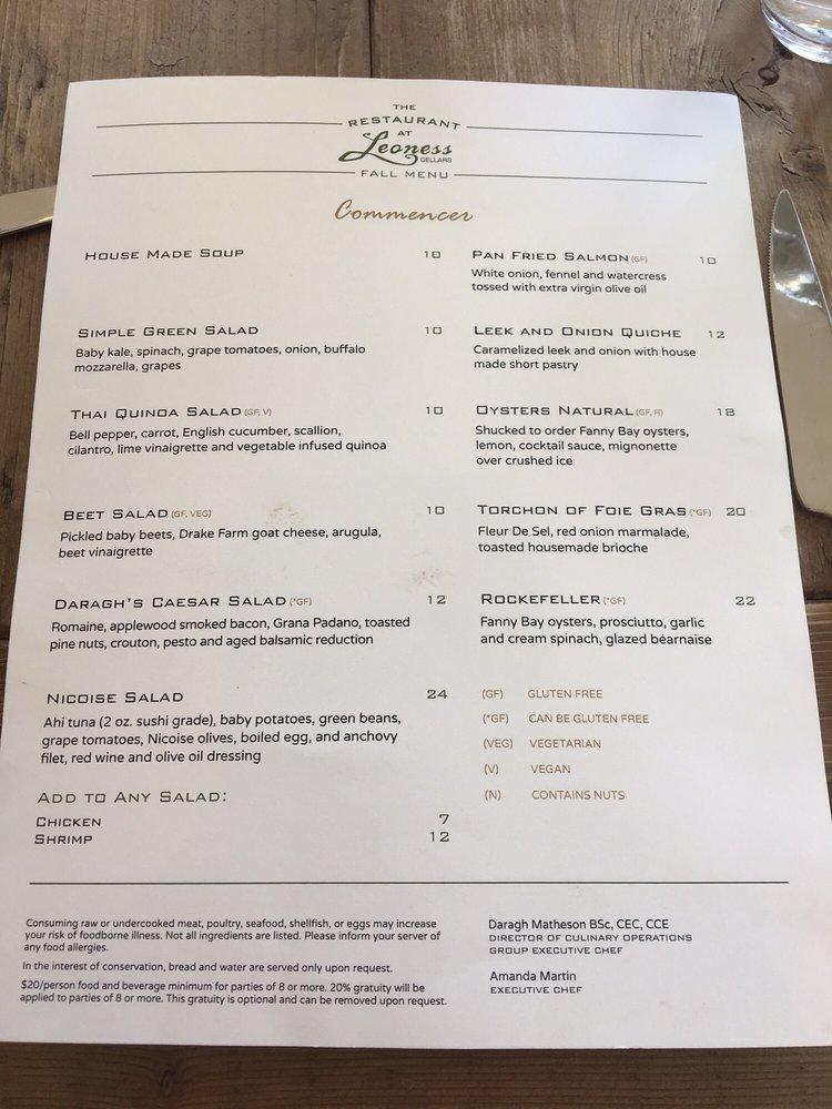Menu at The Restaurant at Leoness Cellars, Temecula