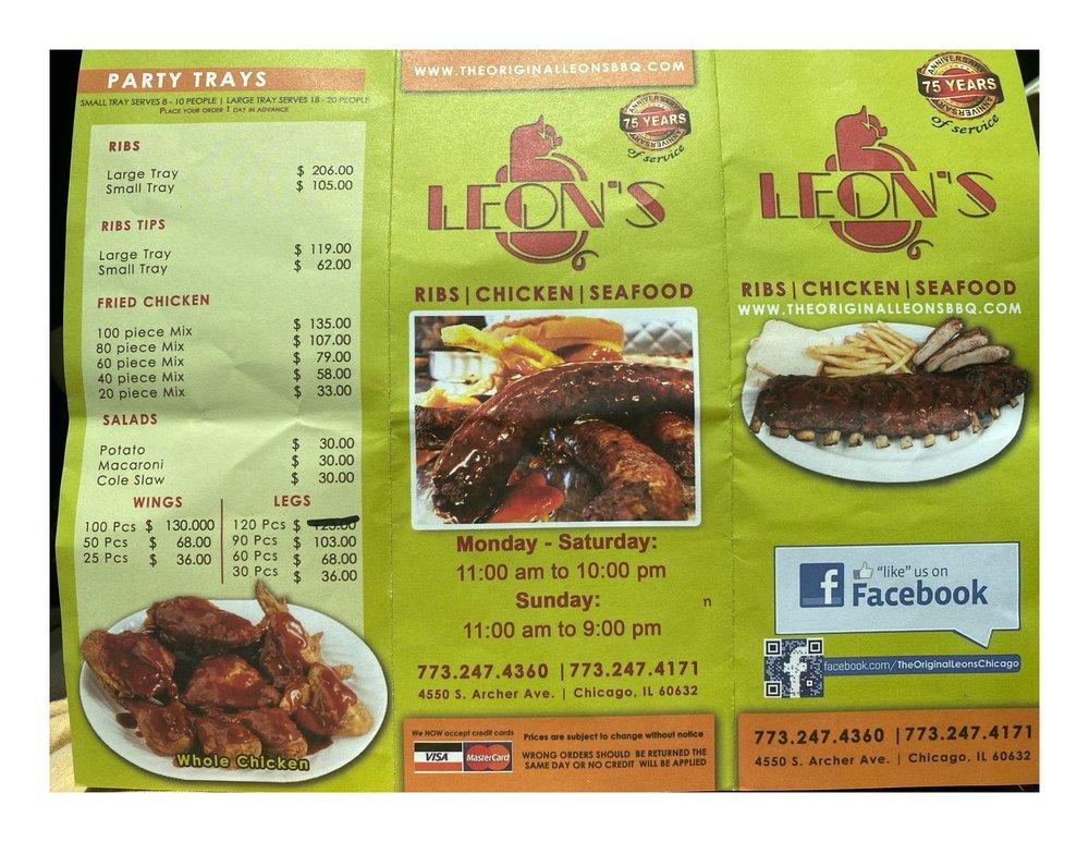 Menu at Leon's Barbecue, Chicago, S Archer Ave