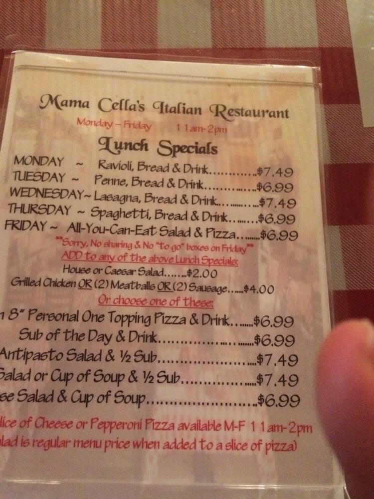 Menu at Mama Cella's pizzeria, San Diego, Bernardo Center Dr