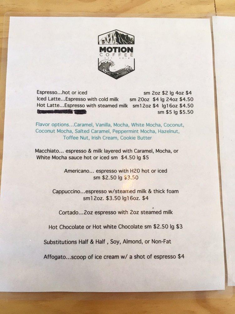 Menu at Motion Coffee, Yukon