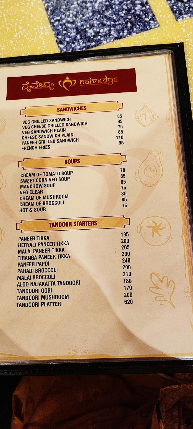 Menu at Naivedya, Pure Veg, Bengaluru