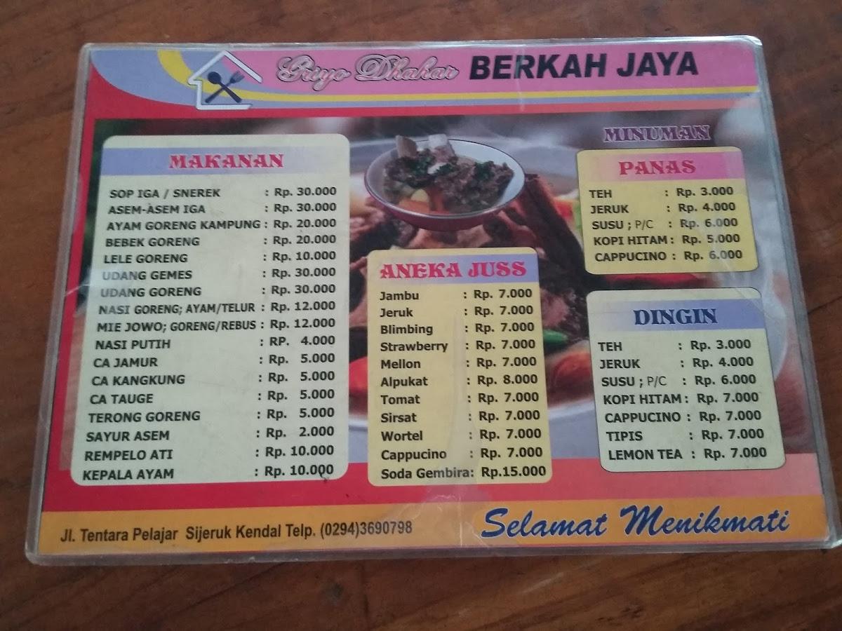 Menu at RM Berkah Jaya restaurant, Kendal