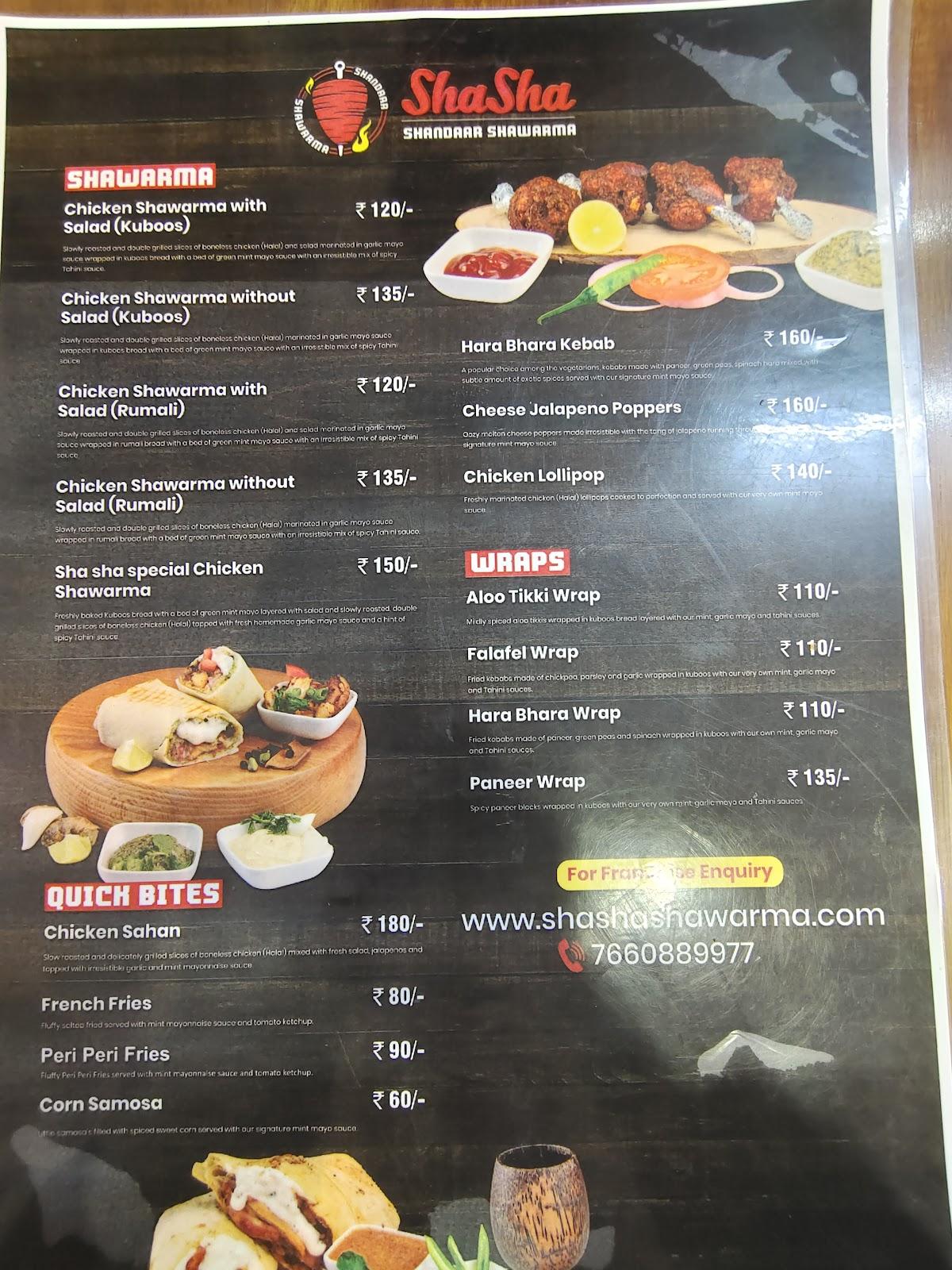 Menu at Shasha Shandaar Shawarma, Hyderabad, metro Pillar no 1160