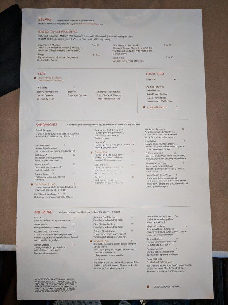 Menu at The Crossing Steakhouse, Norcross
