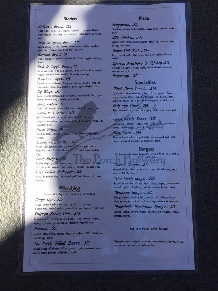 Menu at The Perch Brewery pub & bar, Chandler