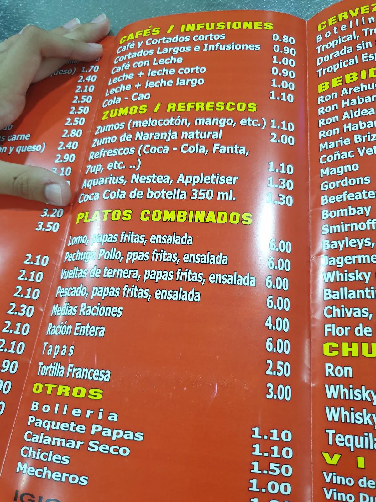 Menu at Bar Cafetería Carlos V, Carrizal