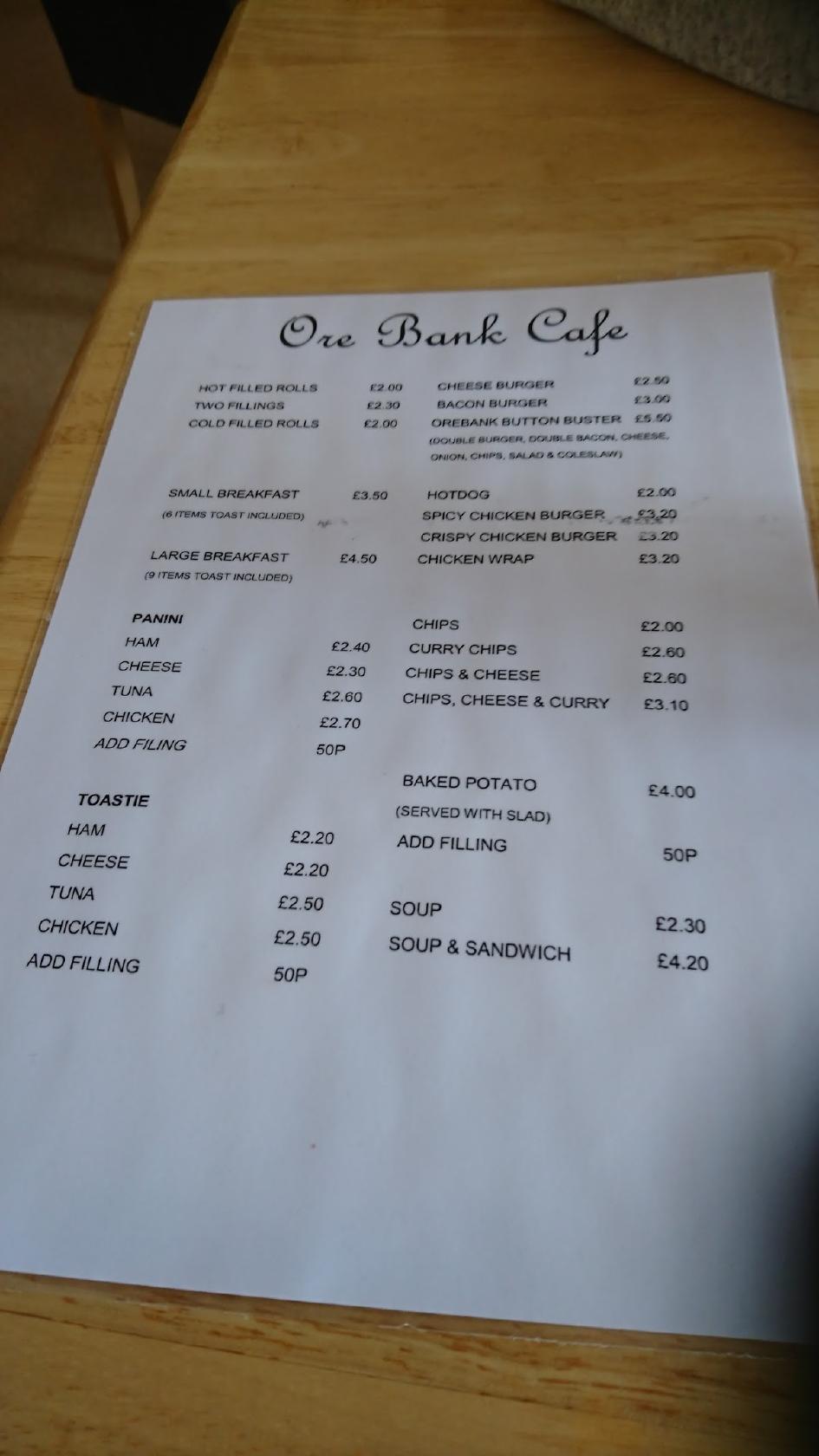 Menu at Ore-Bank Cafe, Lochgelly
