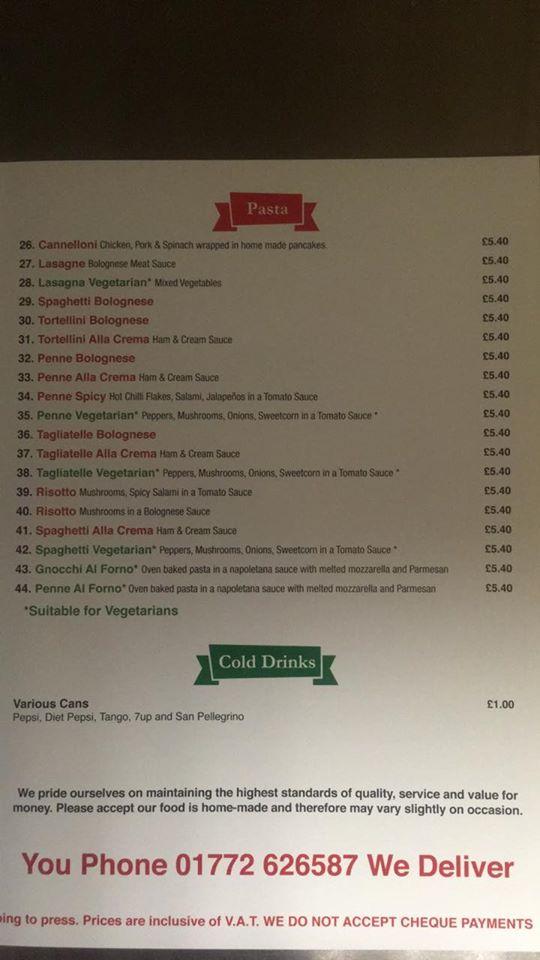 Menu at Pizza Roma Lostockhall fast food, Preston, 1B Victoria St