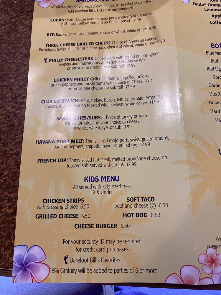 Menu at Barefoot Bill's Island Grill, St. Augustine