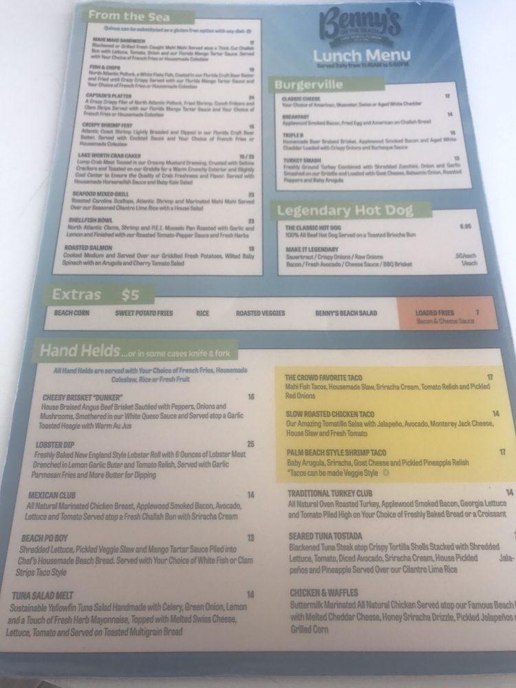 Menu at Benny's On The Beach - Pier pub & bar, Lake Worth