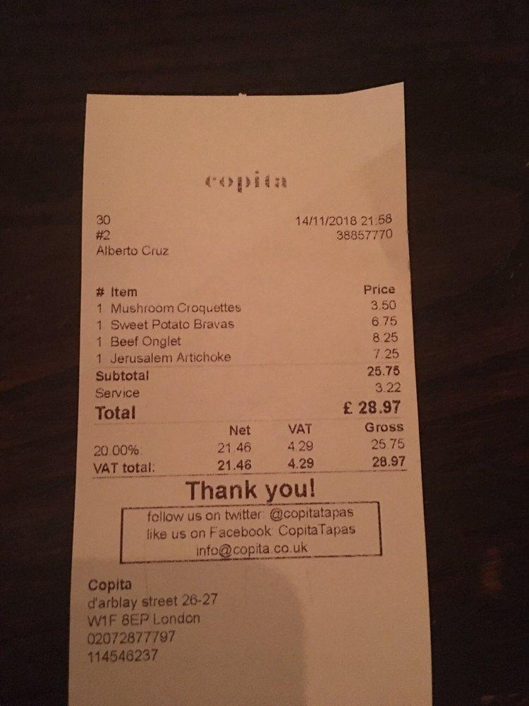 Menu at Copita pub & bar, London, 27 D'Arblay St