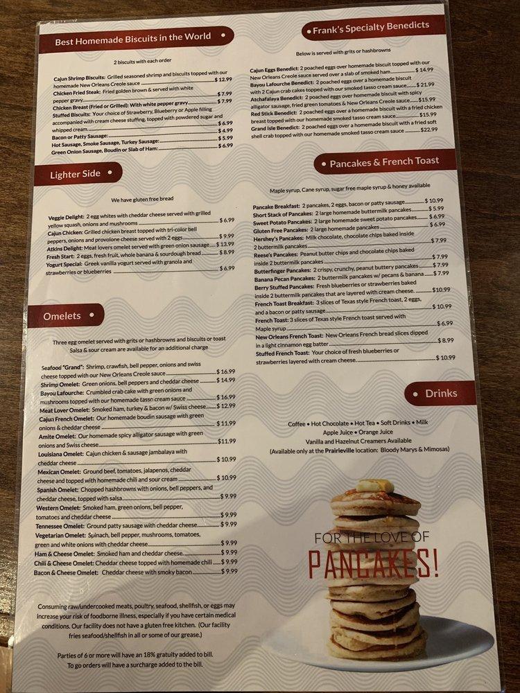 Menu at Frank’s Restaurant Grill & Bar-Prairieville, Prairieville ...