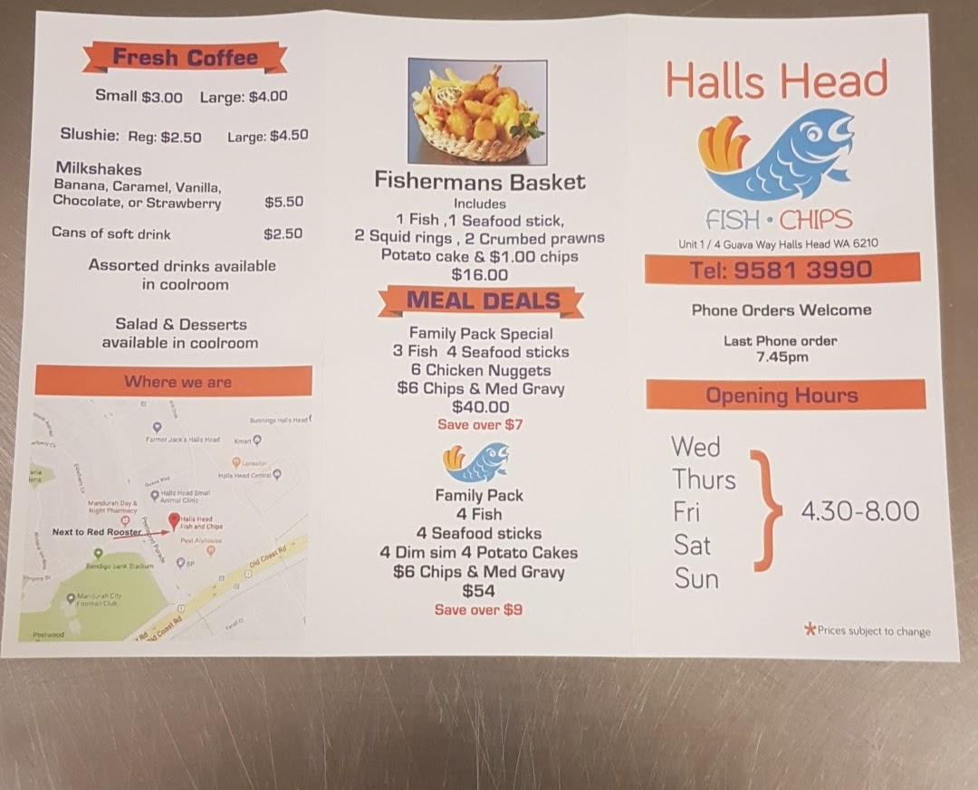Menu at Halls Head Fish and Chips restaurant, South Yunderup
