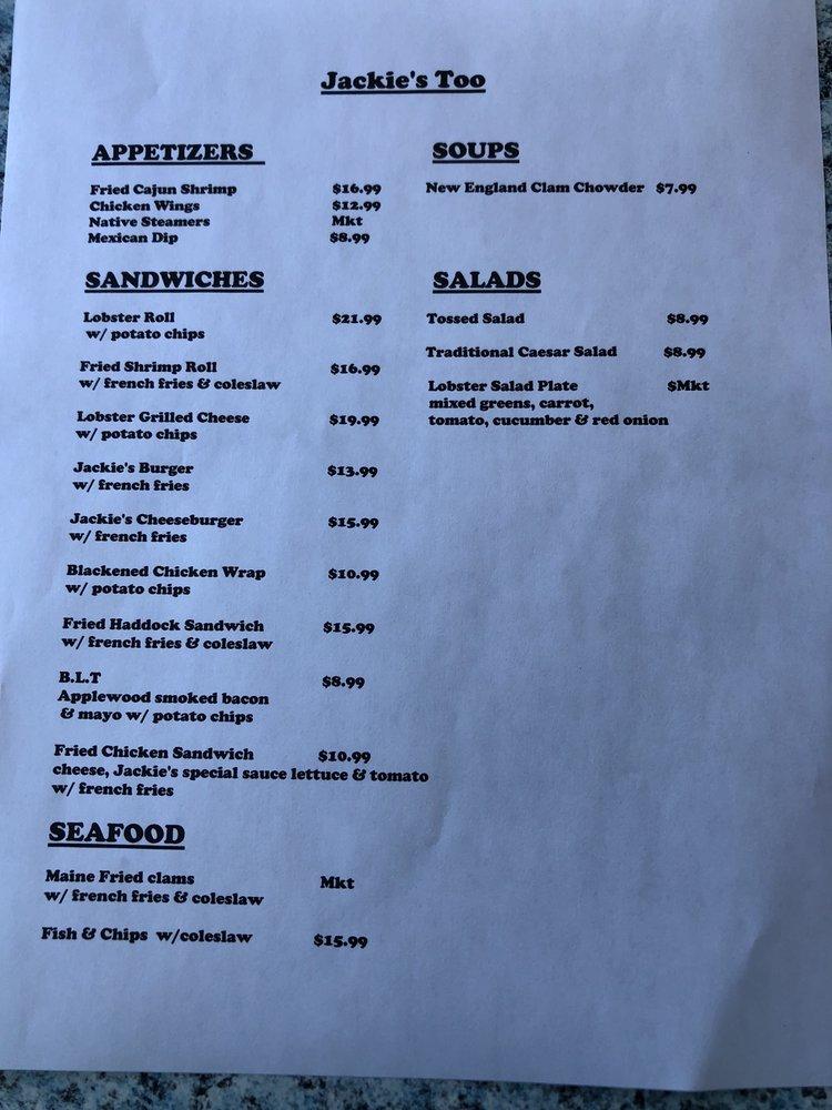 Menu at Jackie's Too pub & bar, Ogunquit, 91 Perkins Cove Rd