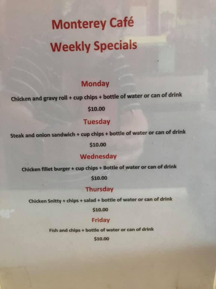 Menu at Monterey Cafe, Narrabri