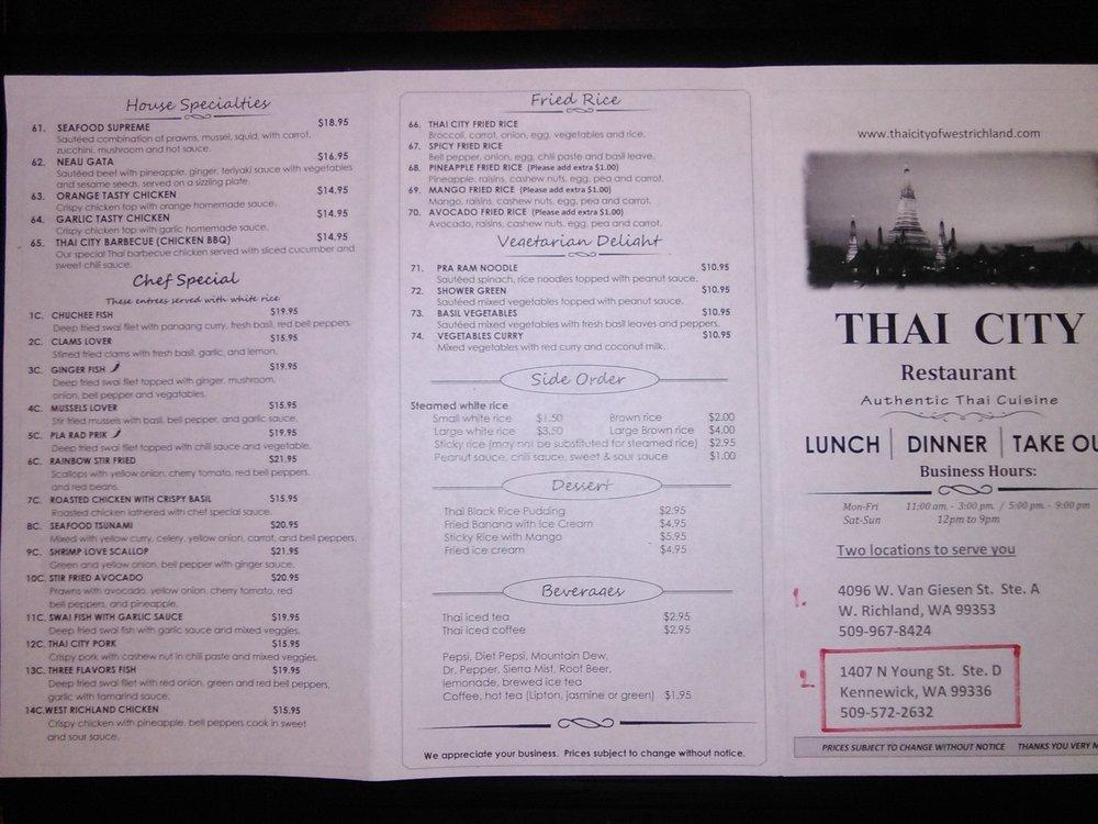 Menu at Thai City Noodles restaurant, Kennewick
