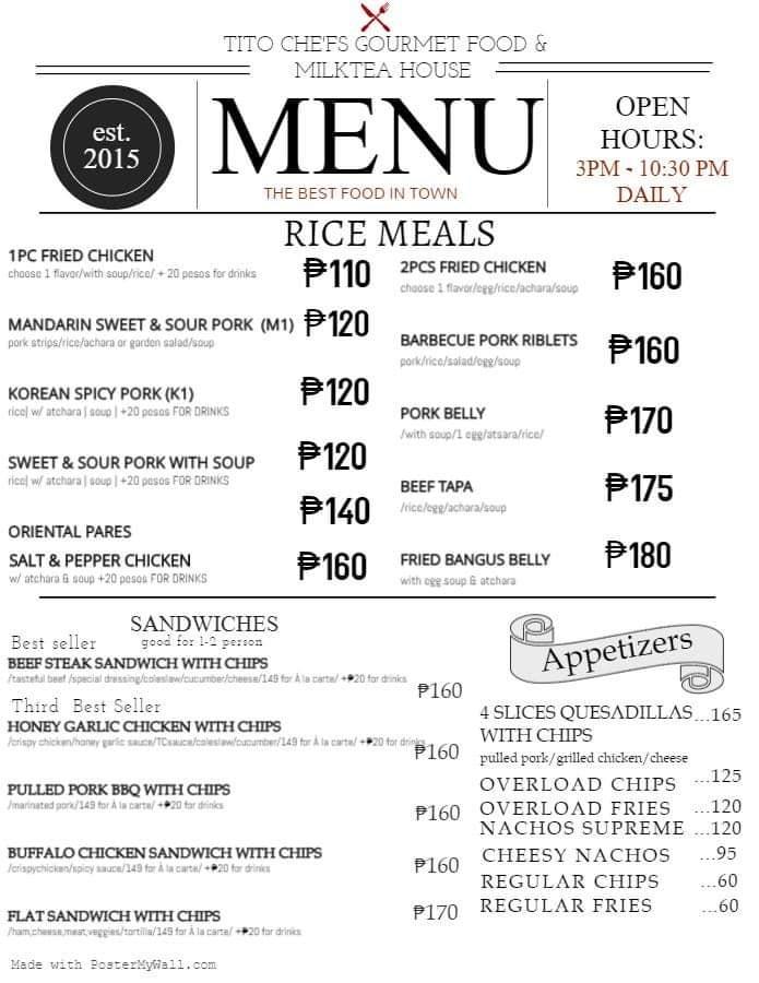 Menu at Tito Chef Gourmet. restaurant, Santa Rosa